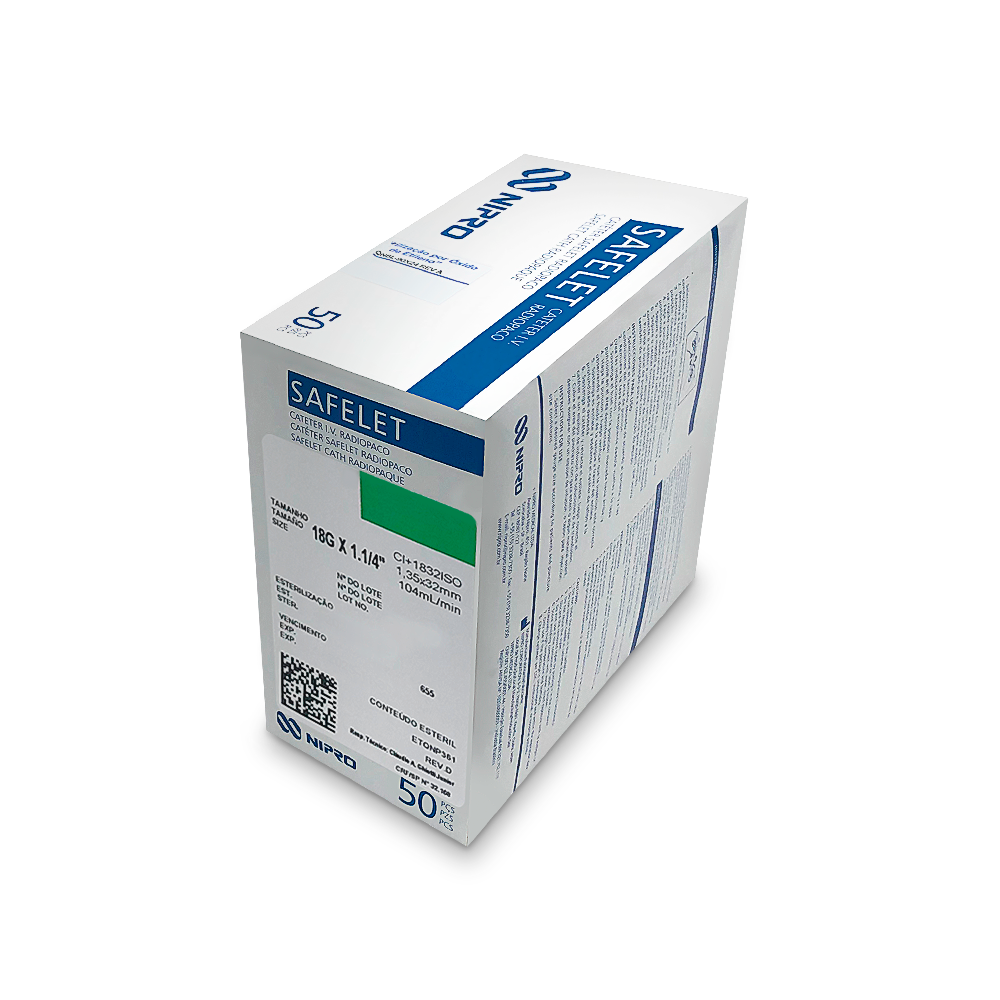 Cateter Intravenoso Caixa Com 50 - Nipro Safelet - 18G Verde